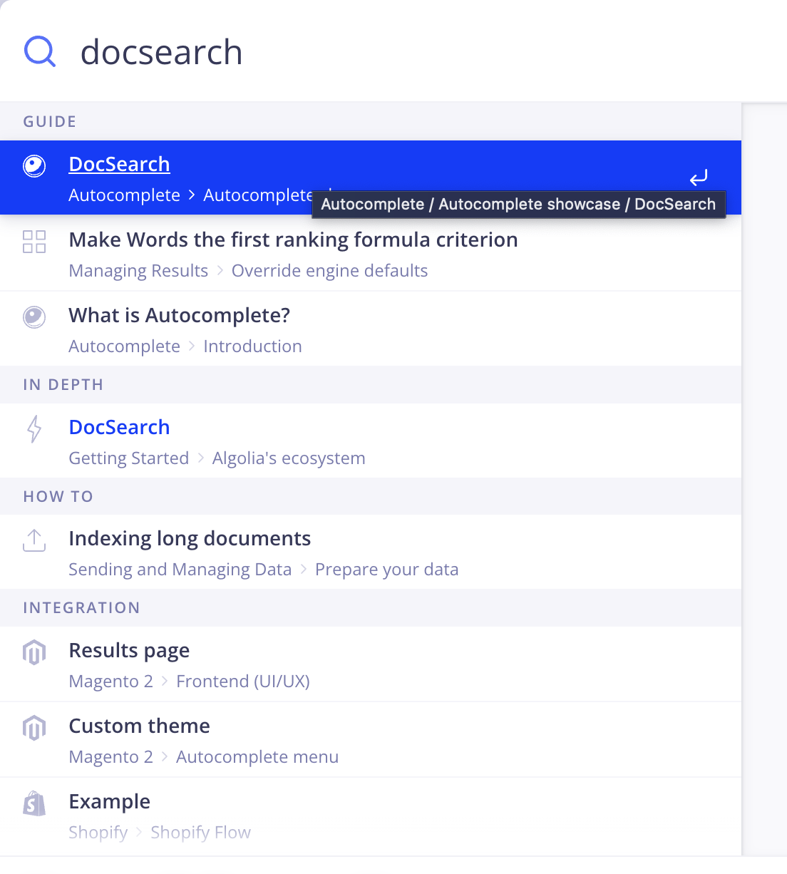 [DocSearch] How do I get my search results grouped in the "GUIDE", "IN DEPTH", "HOW TO" dropdown ...