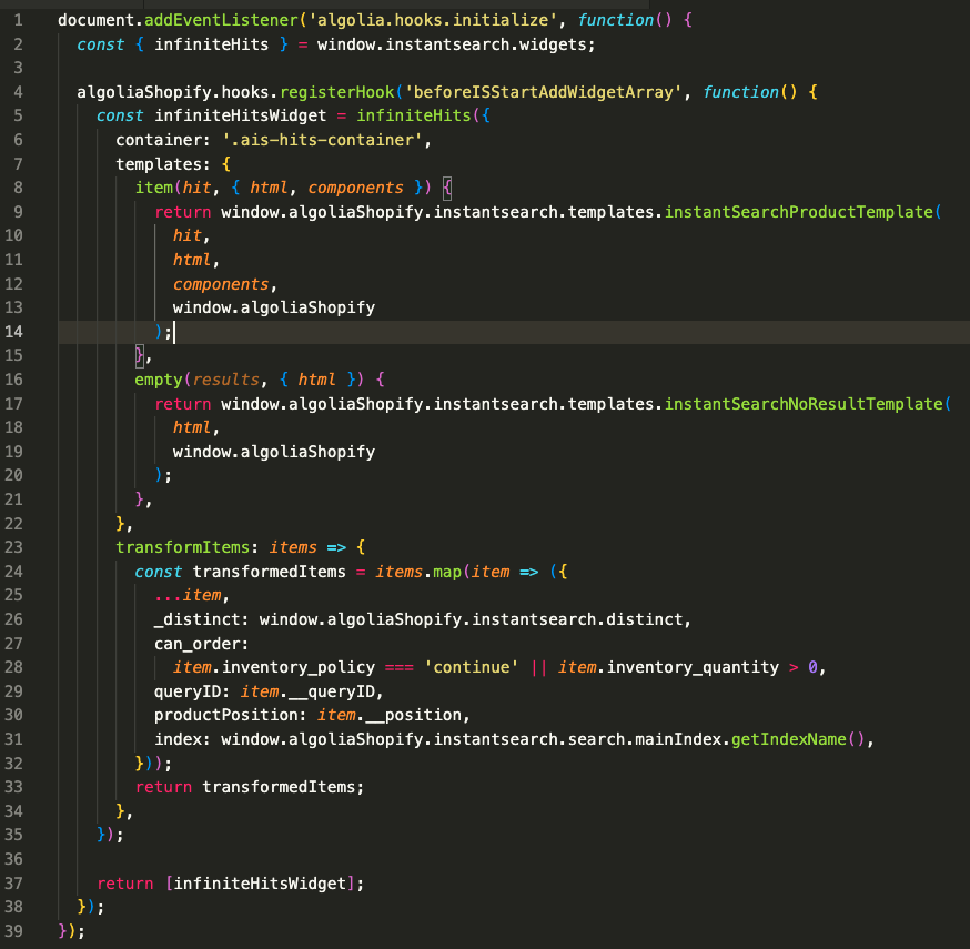 InfiniteHits widget - Shopify App Blocks – Algolia